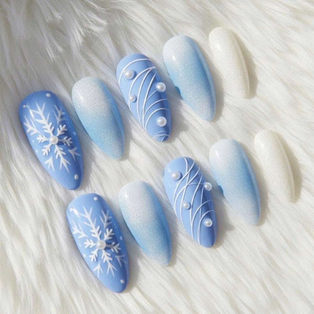 Blue Snowflake Press on Nails – Frozen Winter Nail Set - Etsy