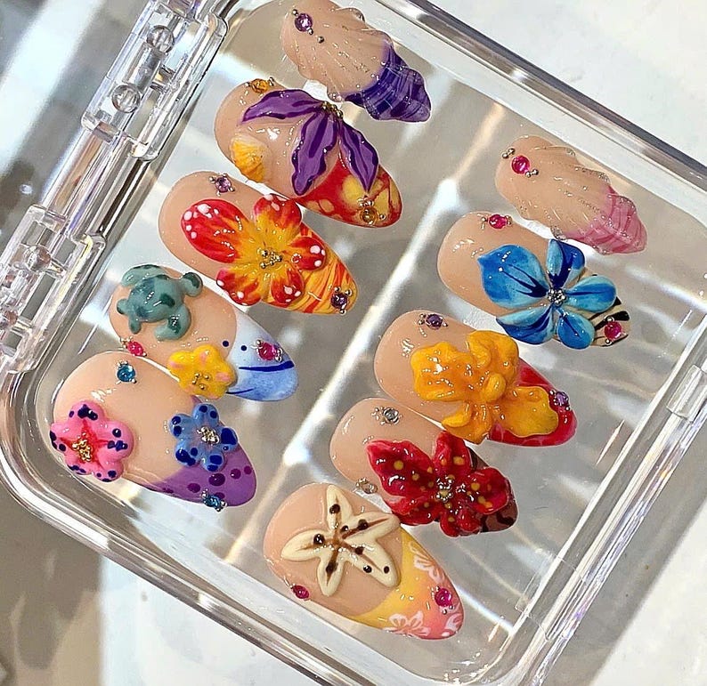 3D Floral Press on Nails | Colorful Tropical Flower Nails | Luxury ...
