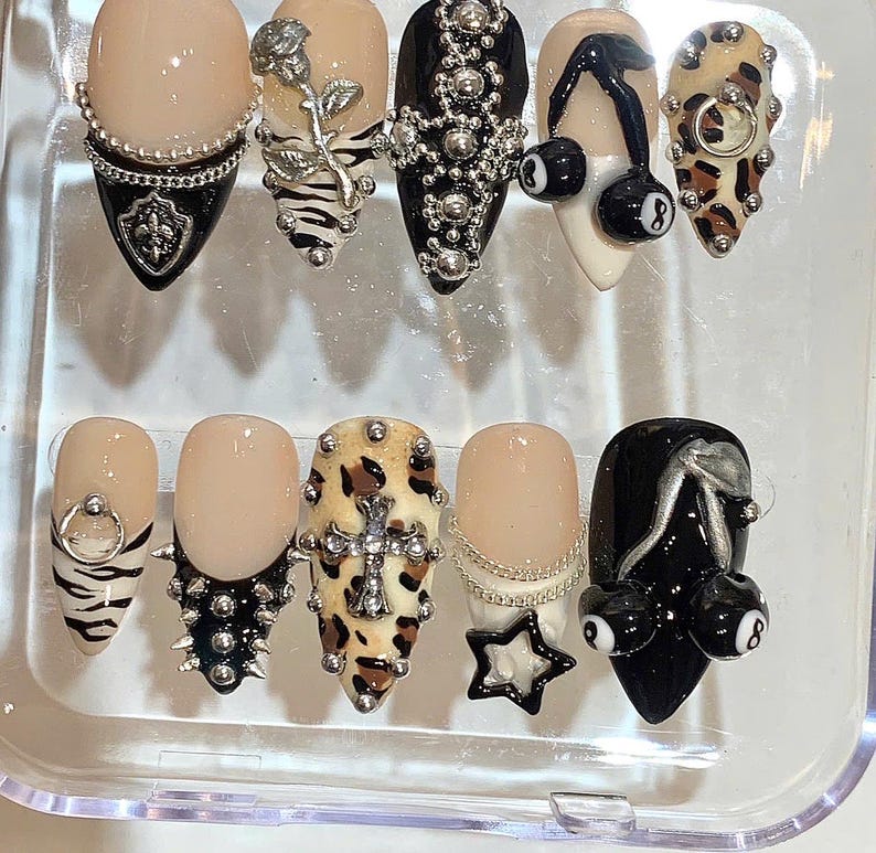 Punk Press on Nails | Gothic Animal Print Nail Set | 3D Cross & Spike ...