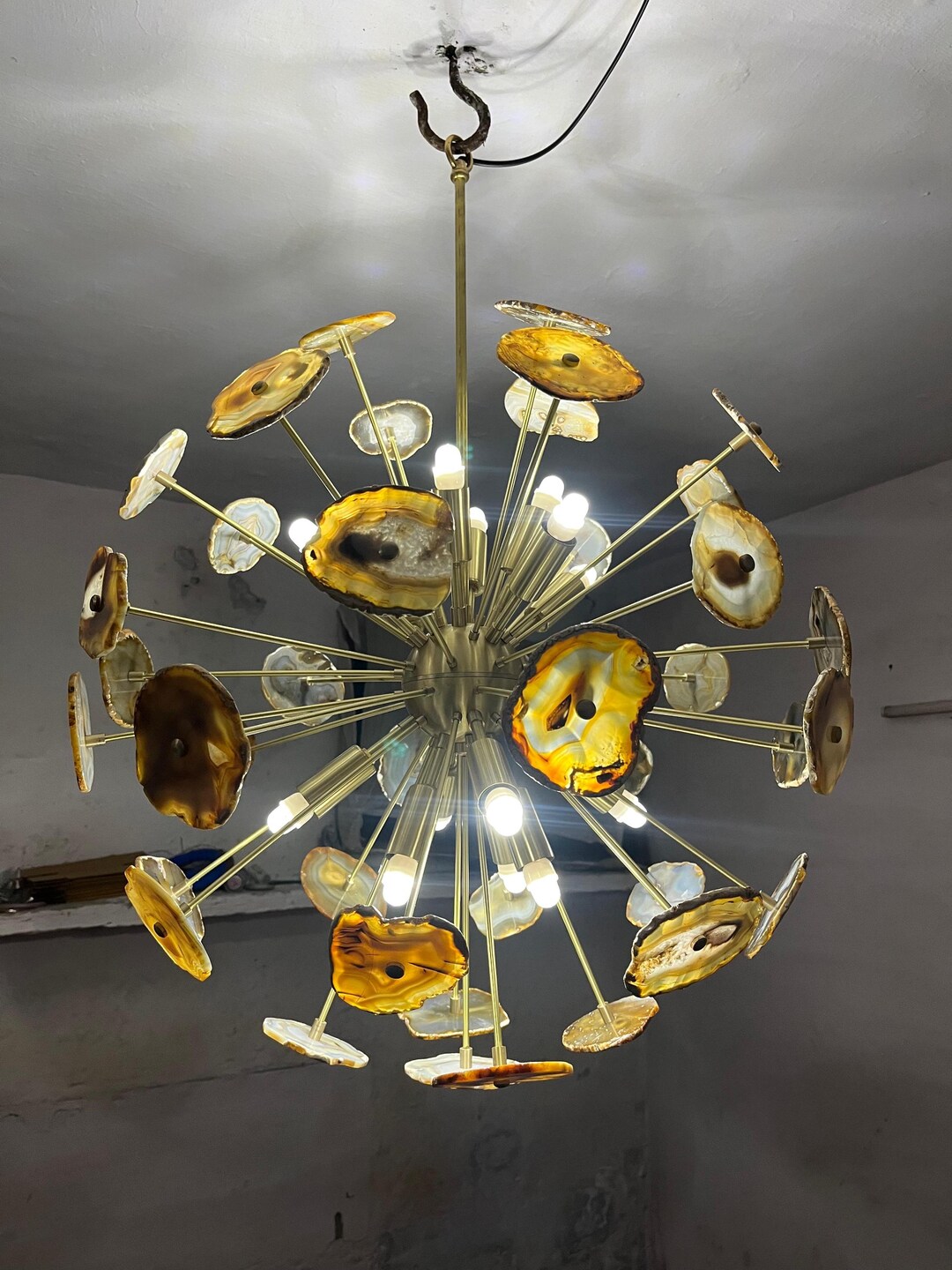 Mid Century Modern Brass Ceiling Light | Italian Agate Stone Sputnik ...