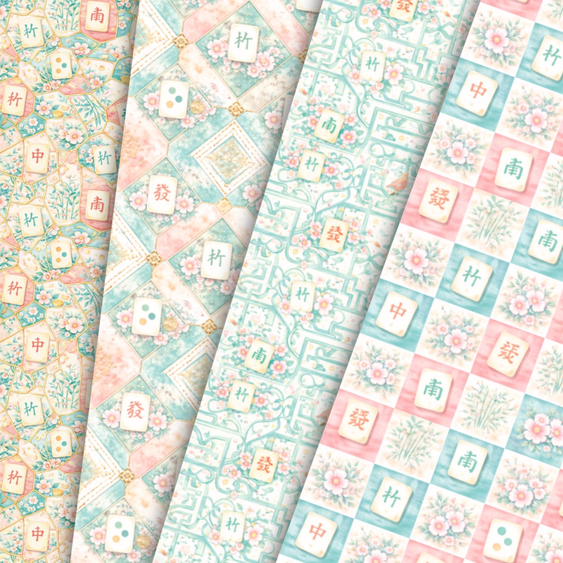 Mahjong Seamless Paper Pack, Watercolor Mahjong Asian Tile Pattern ...