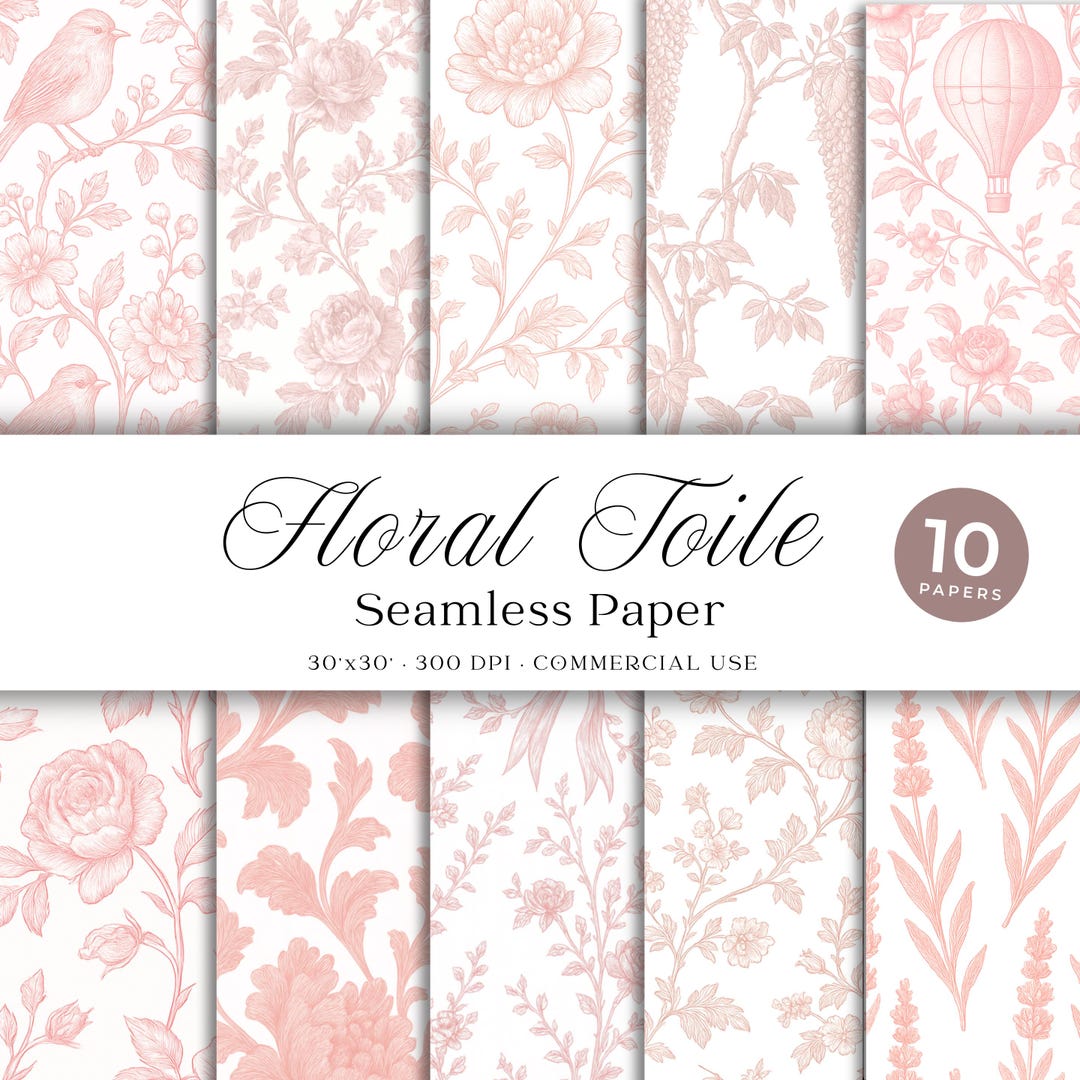 Pink Toile Seamless Pattern Bundle, French Floral Paper (digital ...