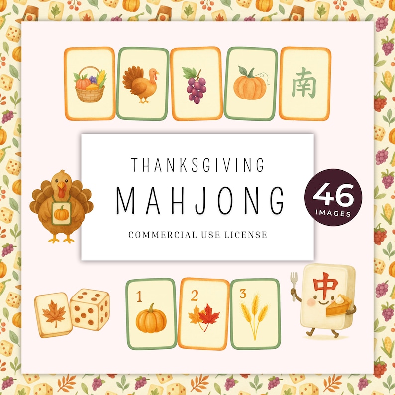 Thanksgiving Mahjong Clipart, Watercolor Autumn Tiles, Party Decor ...