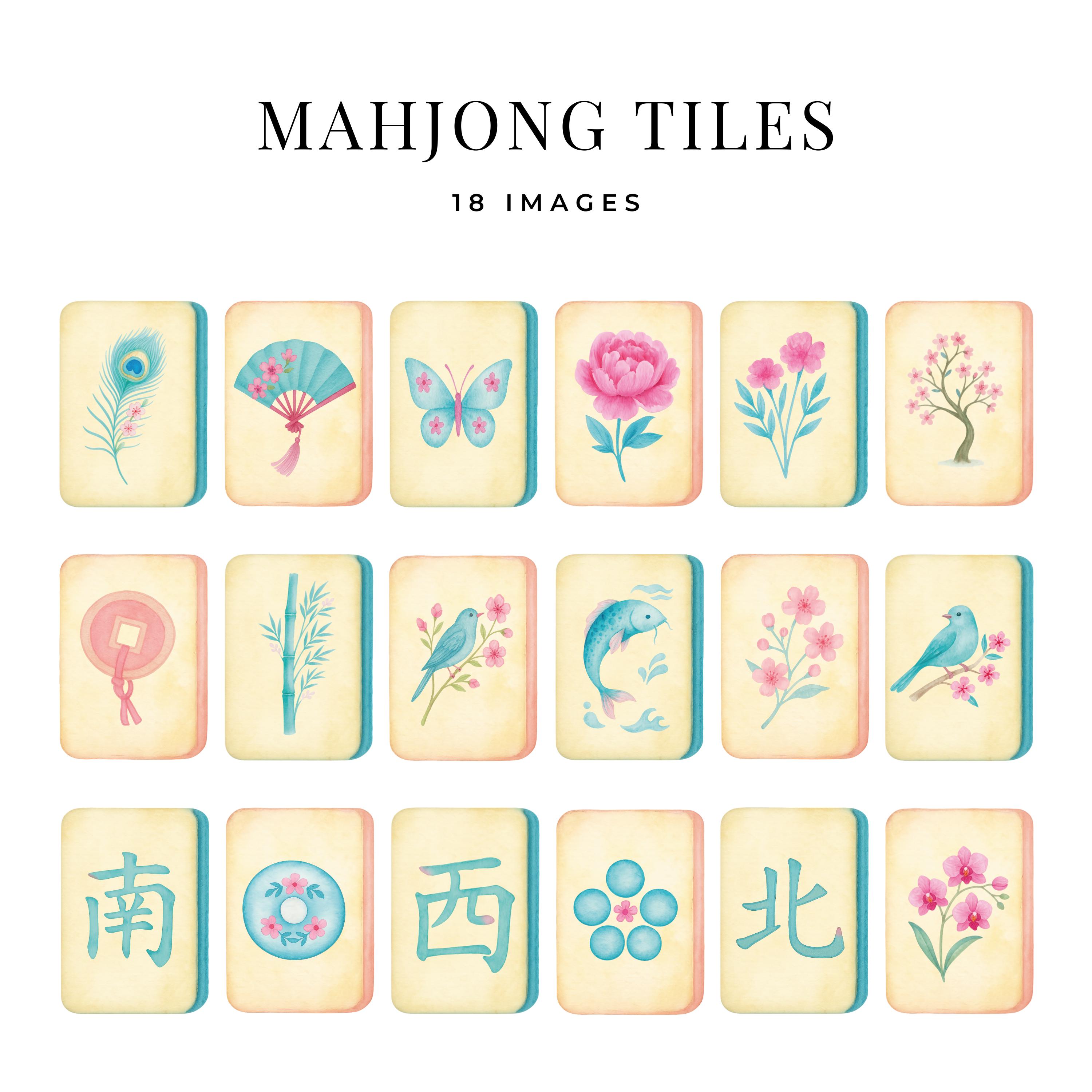 Watercolor Mahjong Tile Clipart, Pastel Asian Design Set (PNG) - Etsy