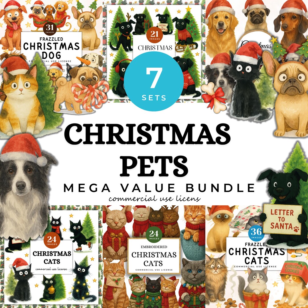 Christmas Cats & Dogs Clipart Bundle – Whimsical Pets PNG, Santa Hat ...