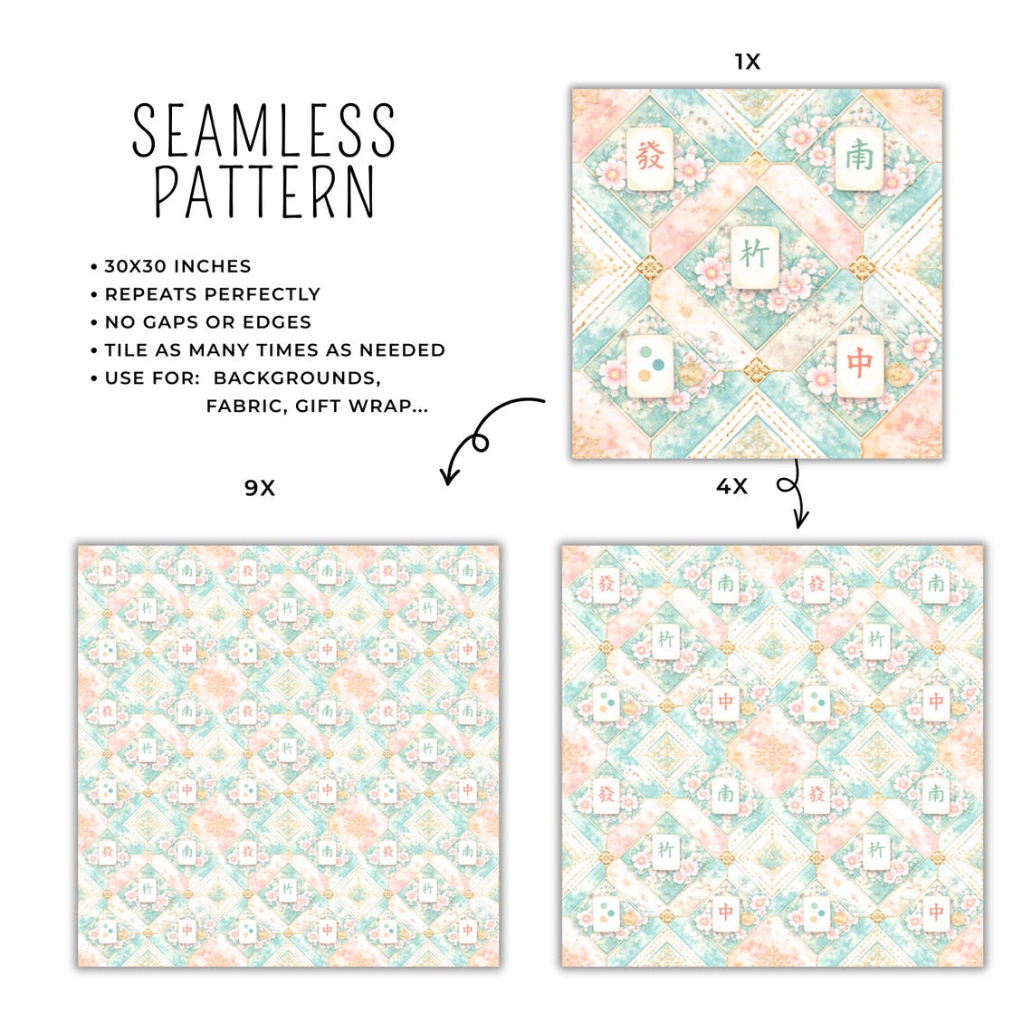 Mahjong Seamless Paper Pack, Watercolor Mahjong Asian Tile Pattern ...