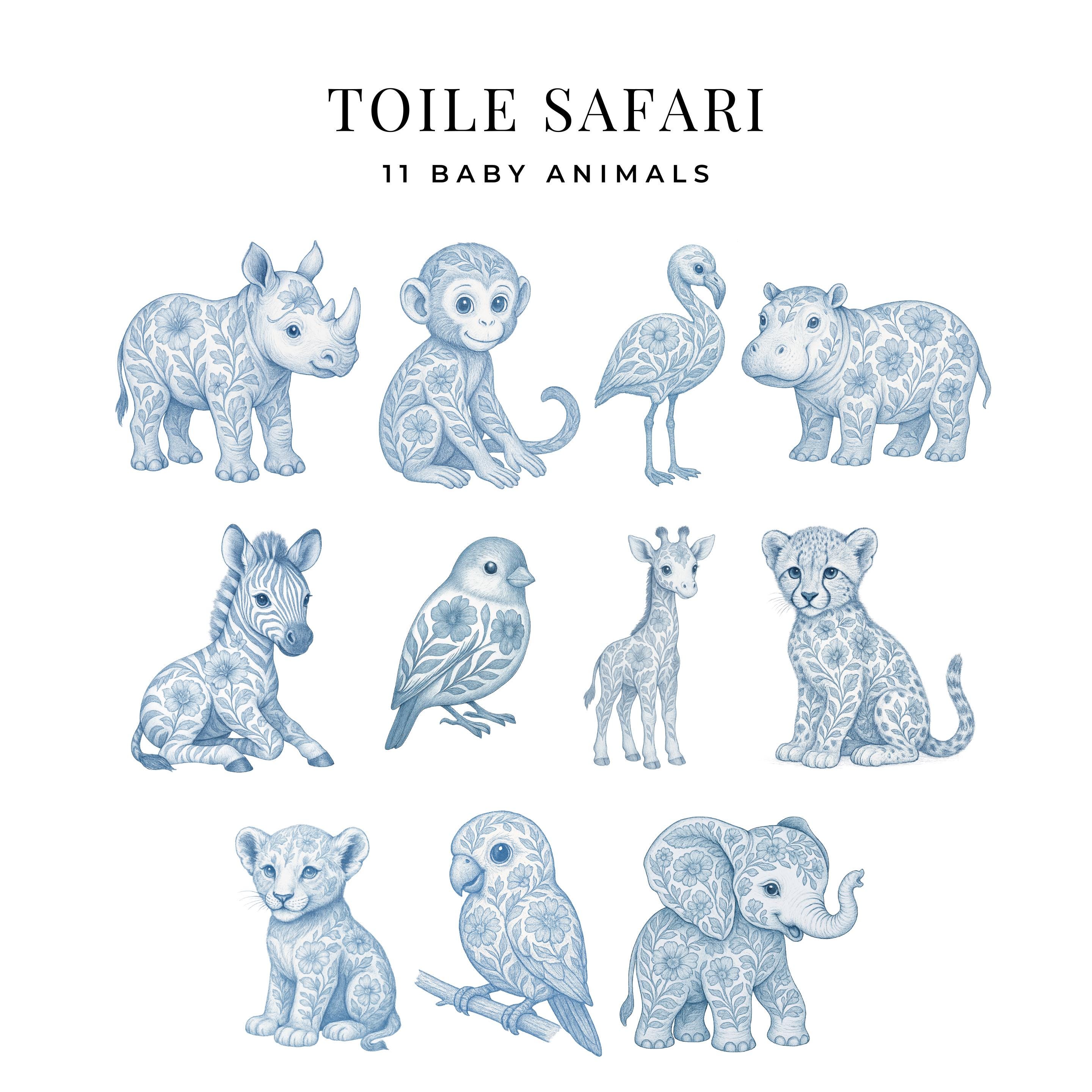Blue Toile Safari Animal Clipart, Chinoiserie Nursery PNG (digital ...