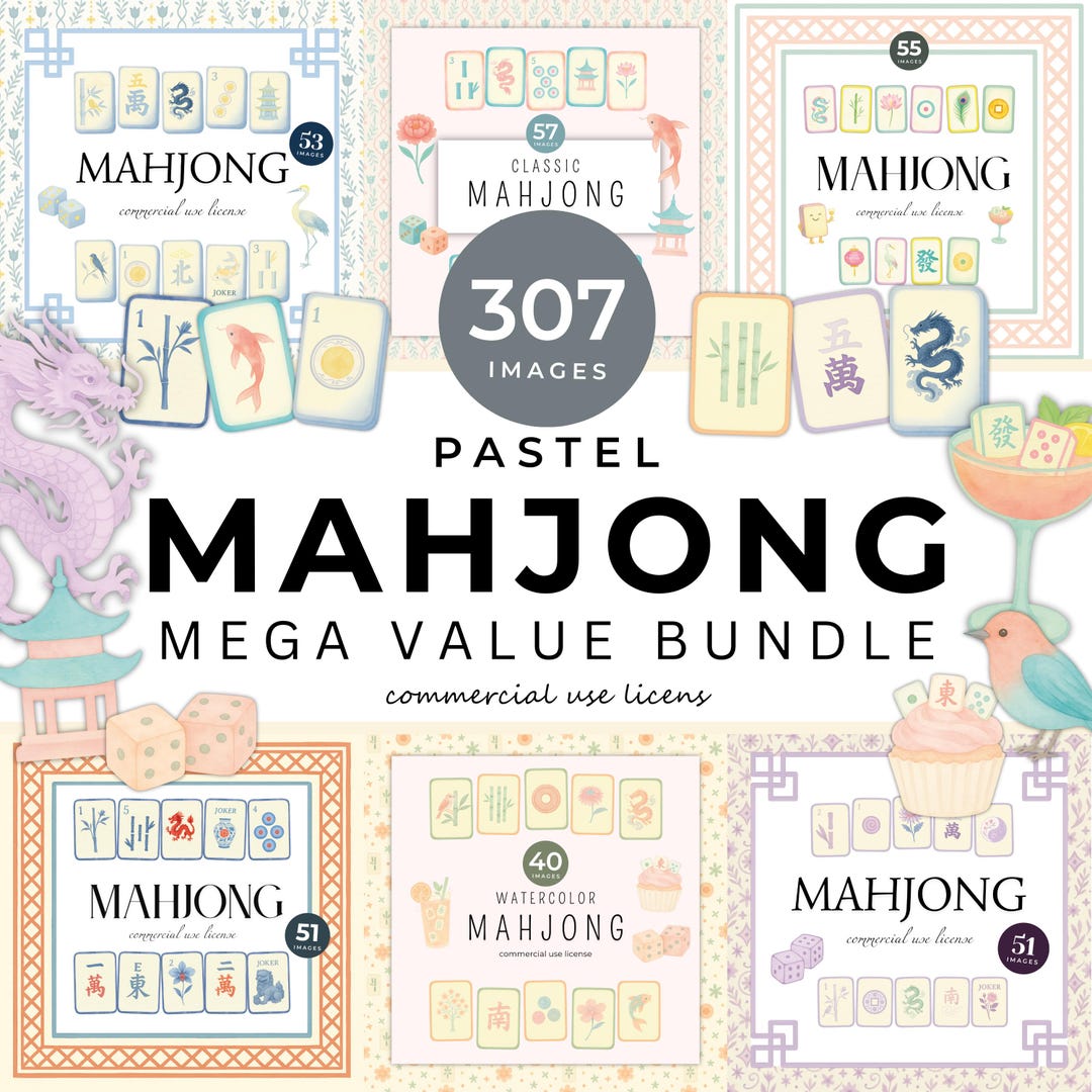 Mahjong Clipart Bundle, Pastel Mahjong Tile Png, Watercolor Asian Tile ...