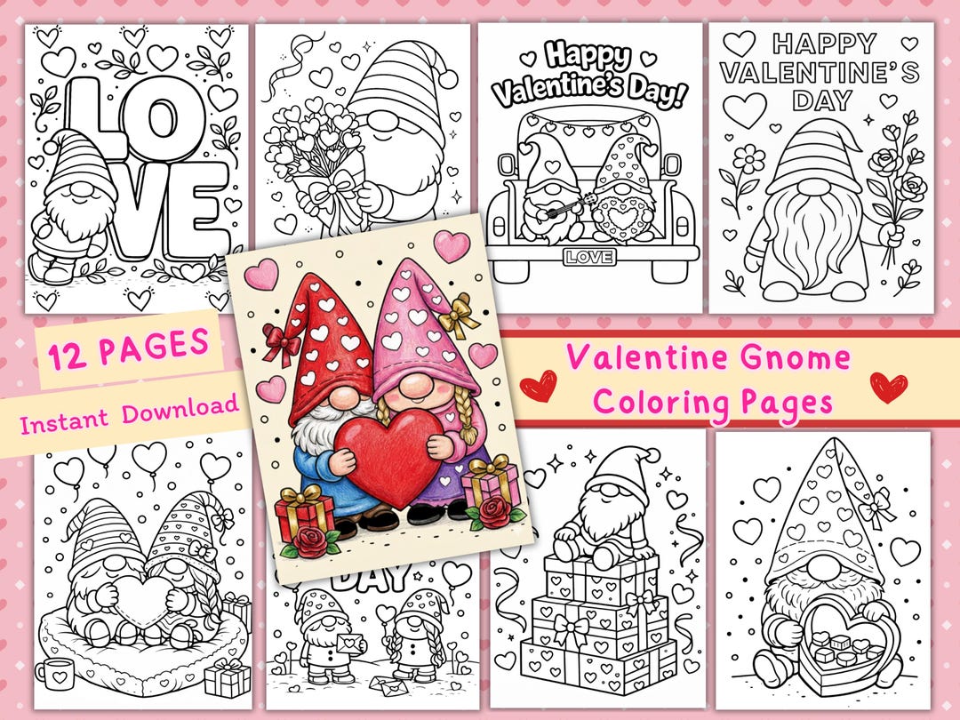 Valentine Gnome Coloring Pages – 12 Cute Printable Pages for Kids - Etsy