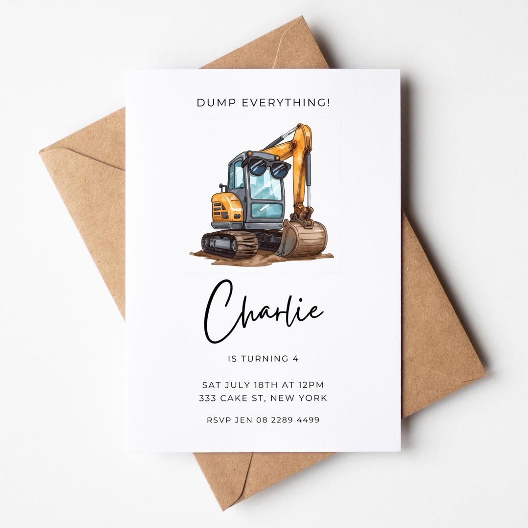 Construction Birthday Invitation Template | Excavator With Sunglasses ...