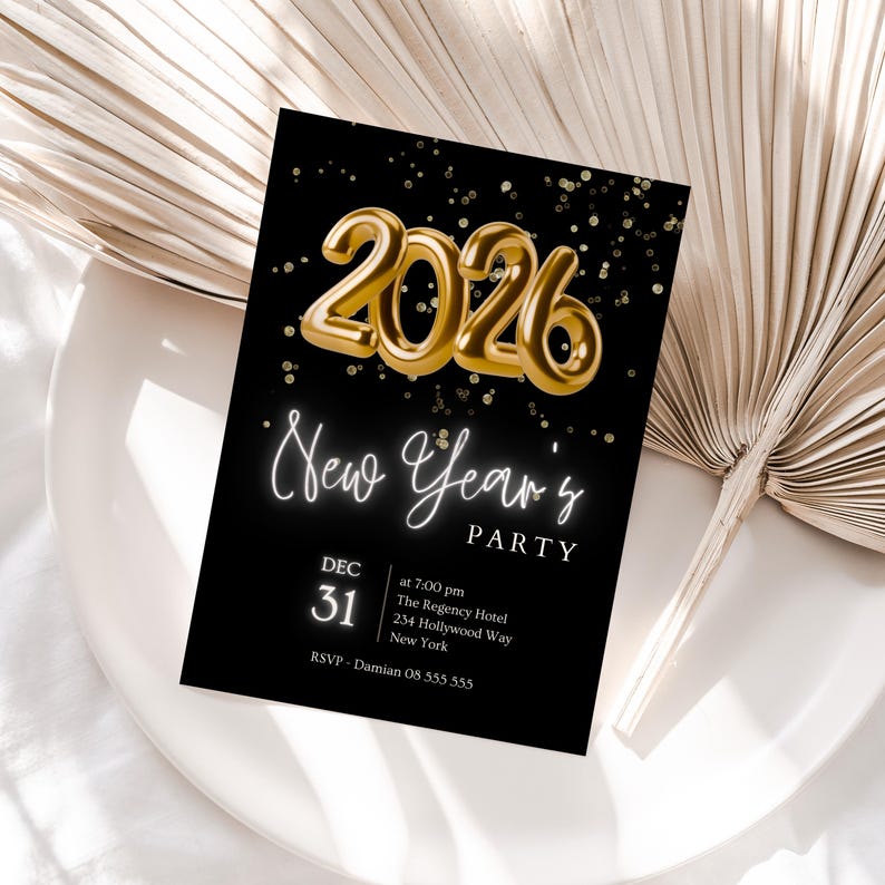 2026 New Year’s Eve Party Invitation Template | Black & Gold NYE ...