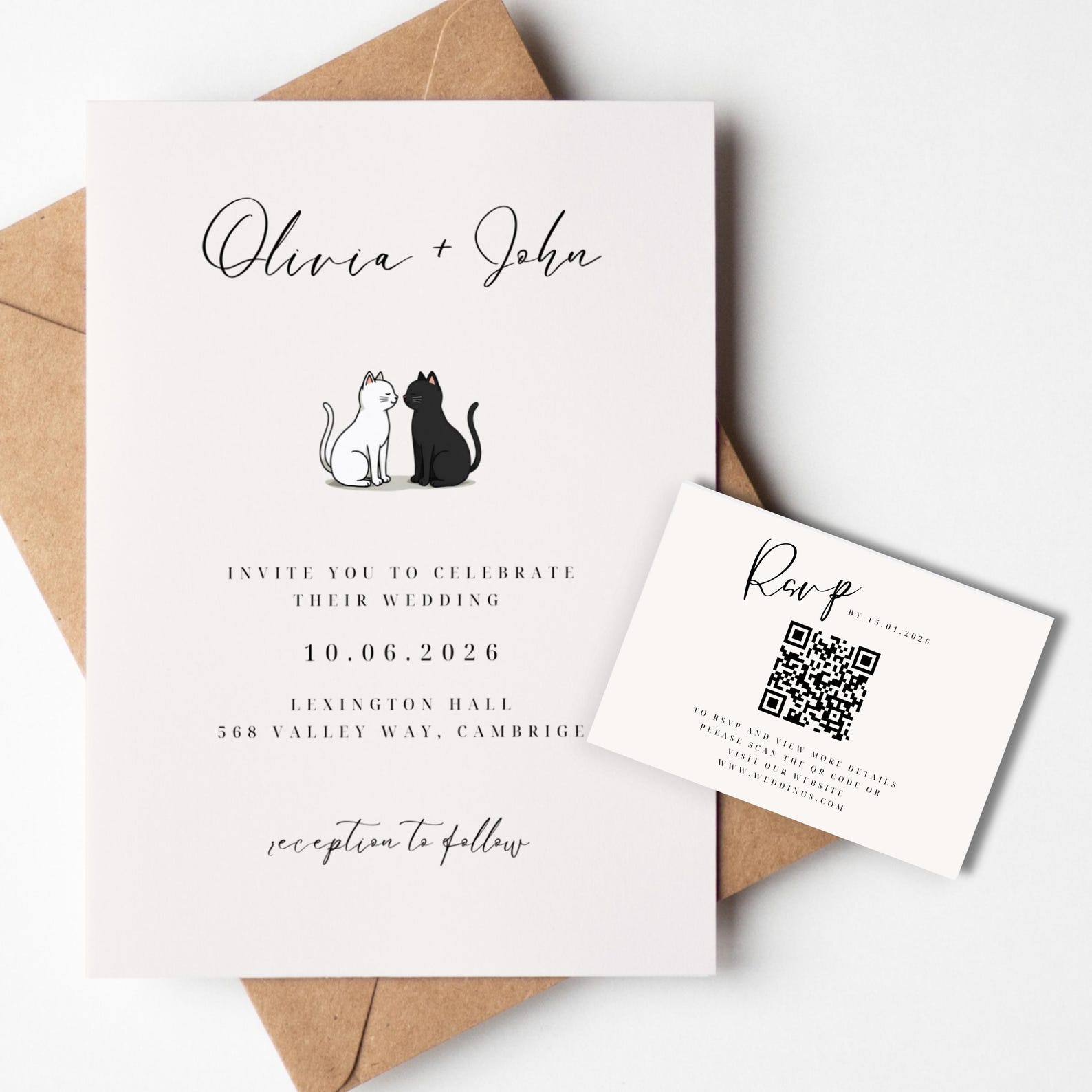 Minimalist Cat Wedding Invitation With RSVP QR Code Card | Black ...
