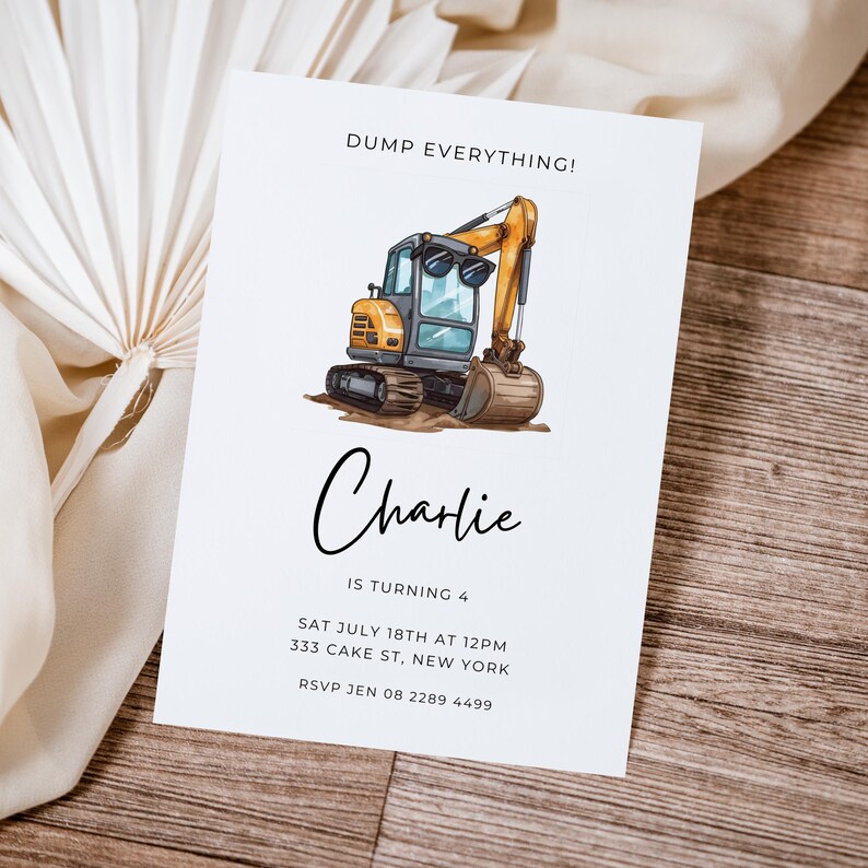 Construction Birthday Invitation Template | Excavator With Sunglasses ...