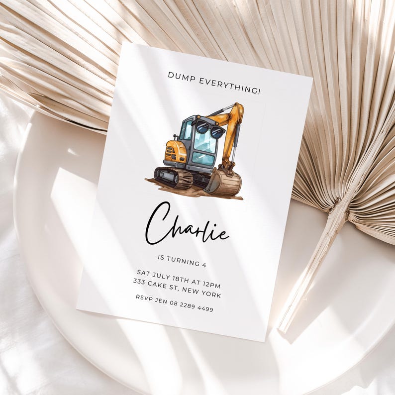 Construction Birthday Invitation Template | Excavator With Sunglasses ...