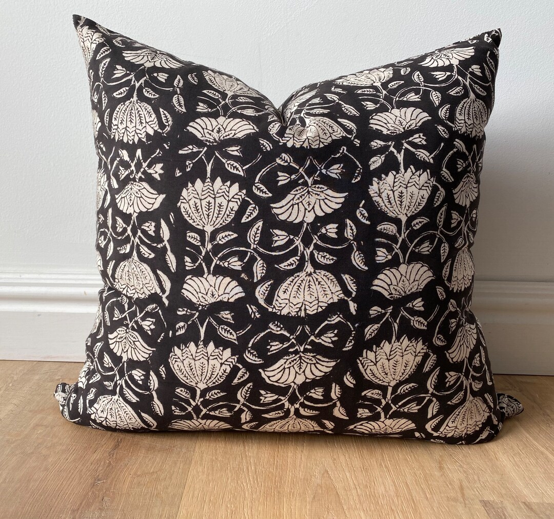 Indian Boho Block Print Black Beige Floral Hand Stamped Woven Pillow ...
