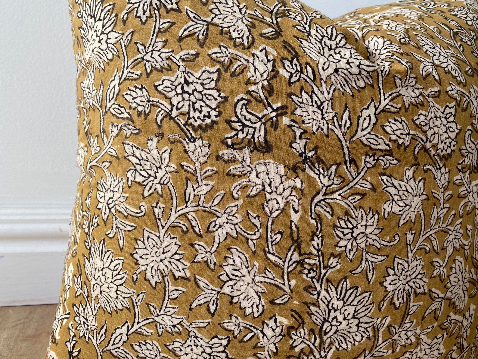 Indian Boho Block Print Mustard Yellow Floral Hand Stamped Woven Pillow ...