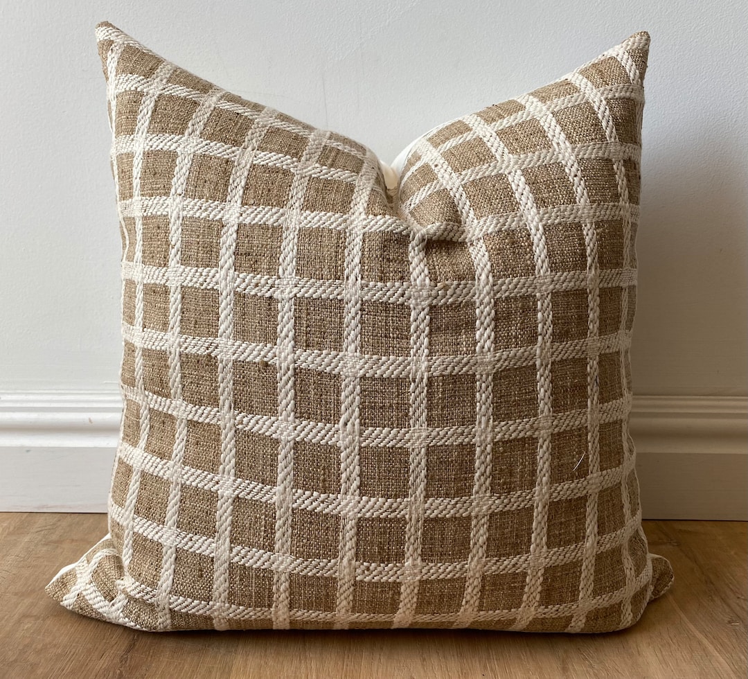 Designer Modern Woven Check Windowpane Pillow Cover Light Brown Camel ...