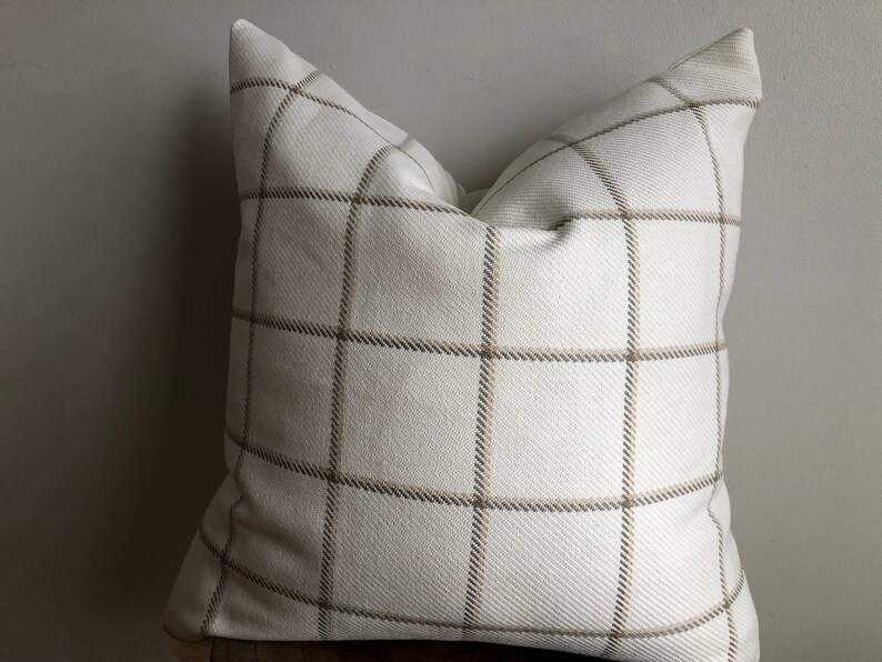 Designer Fabric Windowpane Check Linen Pillow Cover Gray Stone Creamy ...