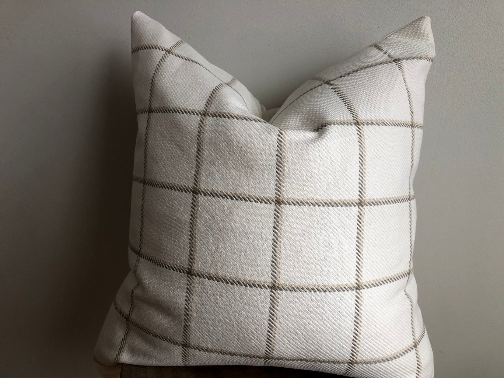 Designer Fabric Windowpane Check Linen Pillow Cover Gray Stone Creamy ...