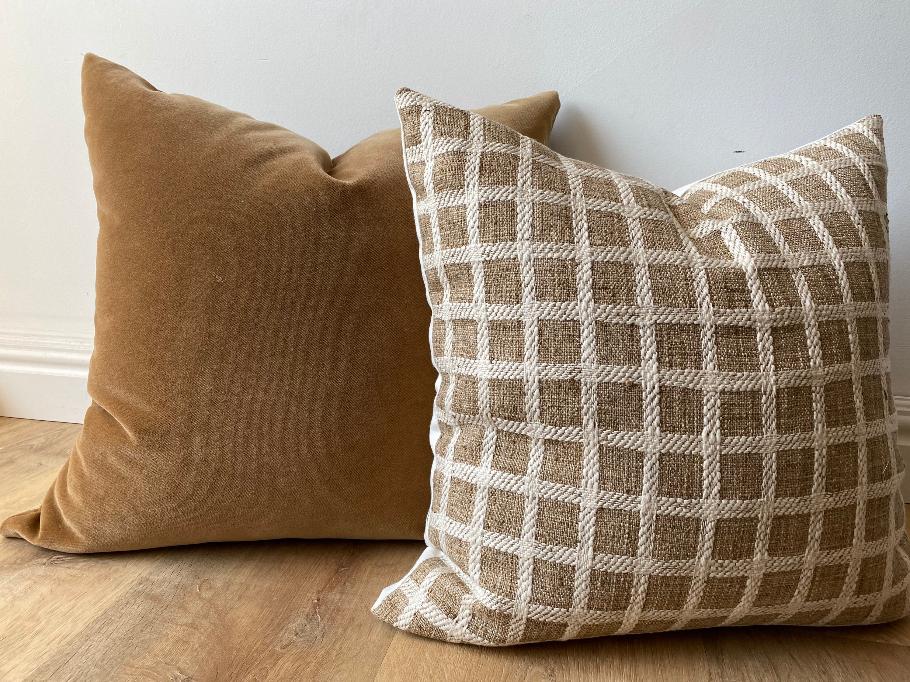 Designer Modern Woven Check Windowpane Pillow Cover Light Brown Camel ...