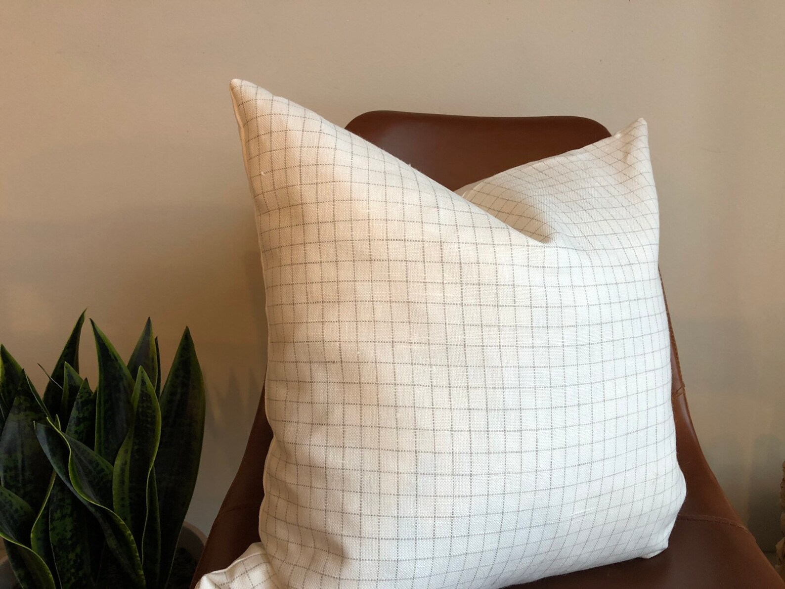 Designer Fabric Windowpane Check Linen Pillow Cover Gray Stone Creamy ...