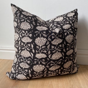 Indian Boho Block Print Black Beige Floral Hand Stamped Woven Pillow ...