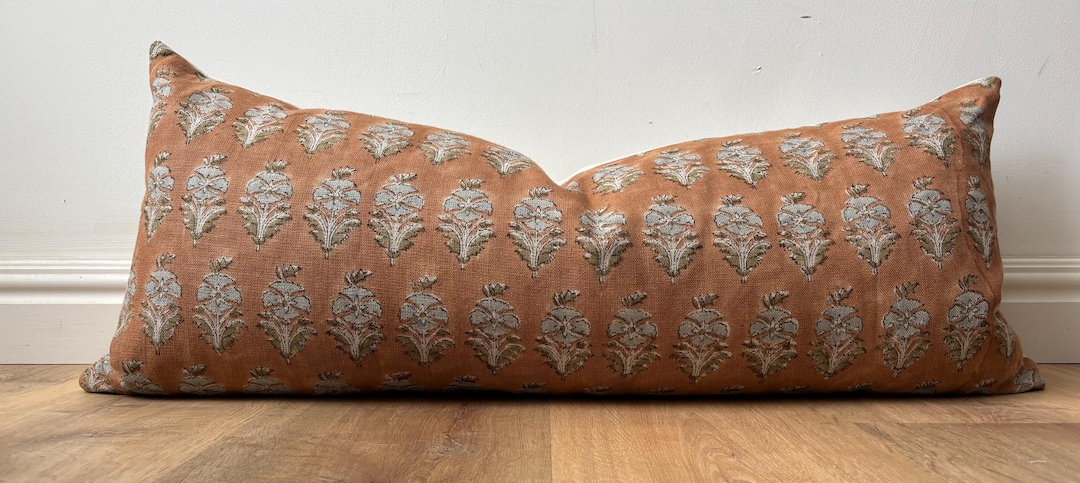 Authentic Floral Indian Hand Block Print Long Lumbar Pillow Cover Blue ...