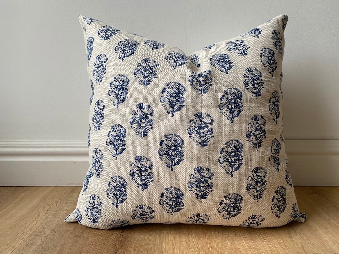 Designer Block Print Floral Blue Beige Classic Nubby Texture Pillow ...