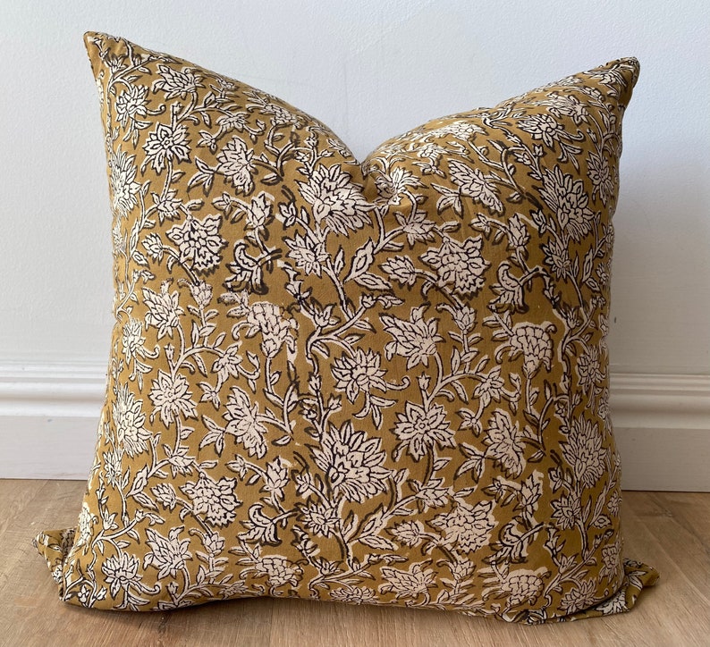 Indian Boho Block Print Mustard Yellow Floral Hand Stamped Woven Pillow ...