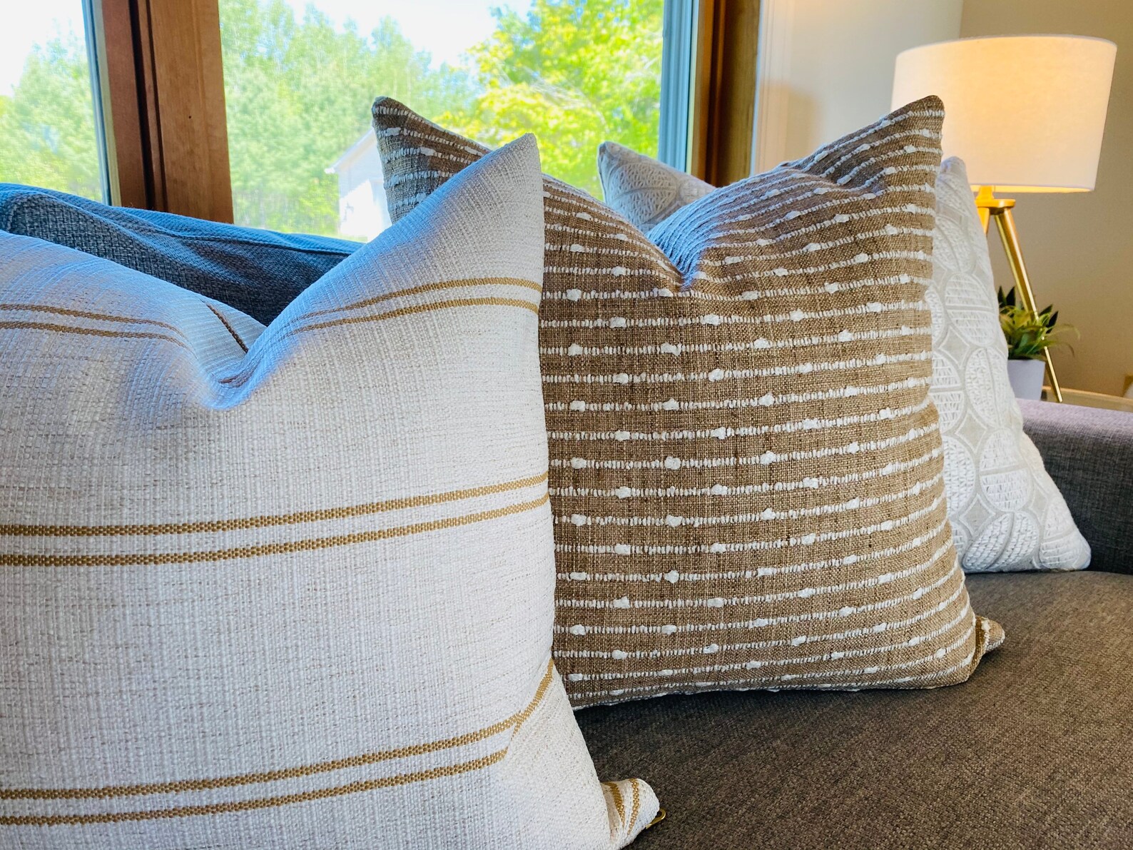 Woven Stripe Camel Creamy White Nubby Chunky Pillow Cover Artisan ...