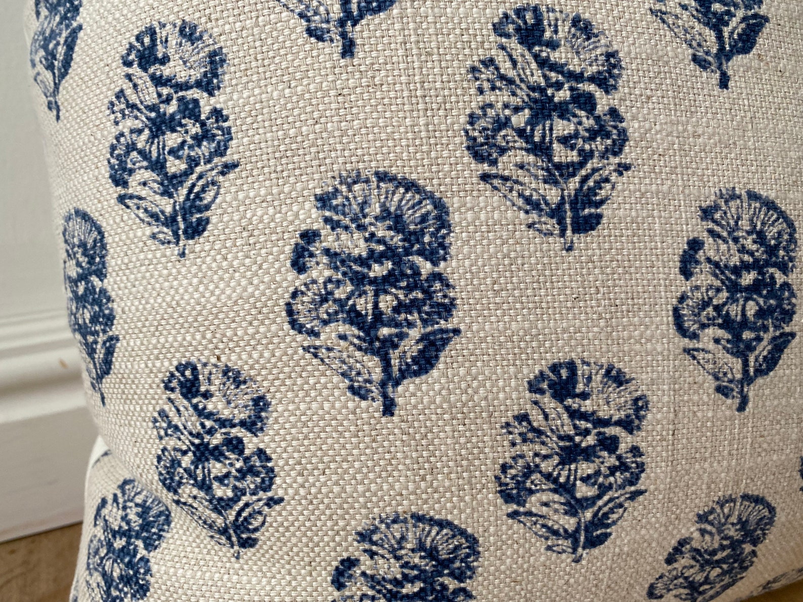 Designer Block Print Floral Blue Beige Classic Nubby Texture - Etsy