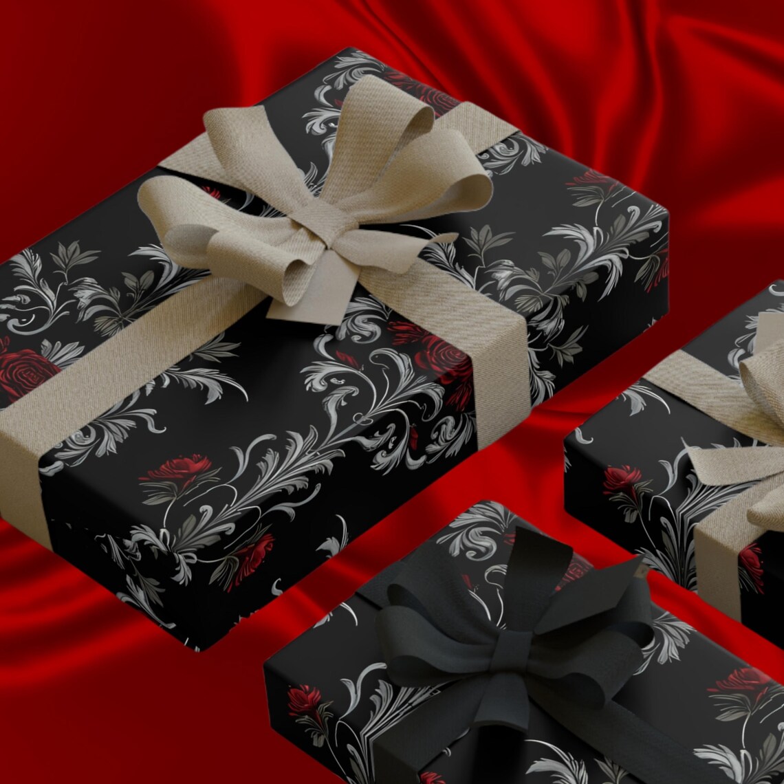 Gothic Damask With Red Roses Gift Wrap Roll, Victorian Floral Wrapping ...
