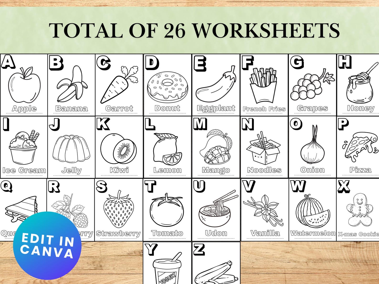 Alphabet Food Coloring Pages – A to Z Printable Worksheets | 26 Letter ...