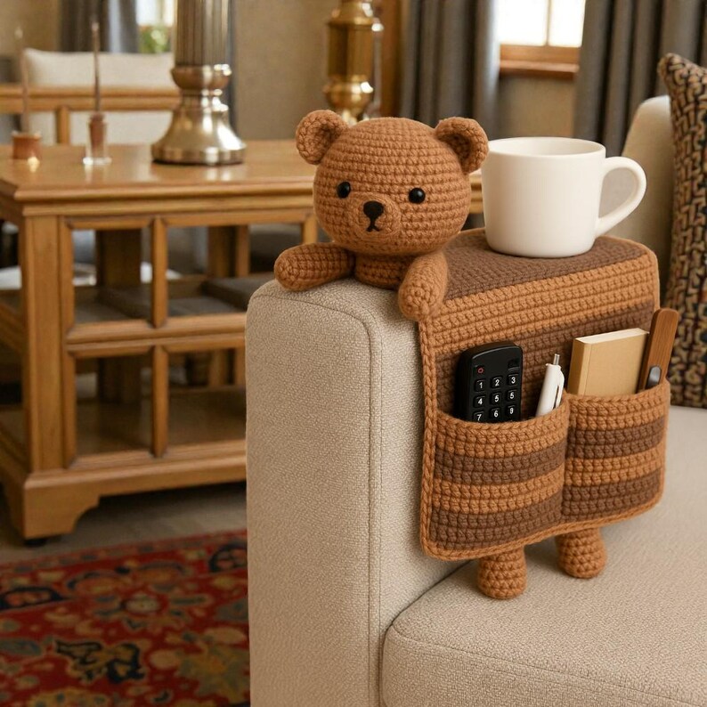 Crochet Bear Sofa Arm Organizer – Handmade Remote Holder With Pockets ...