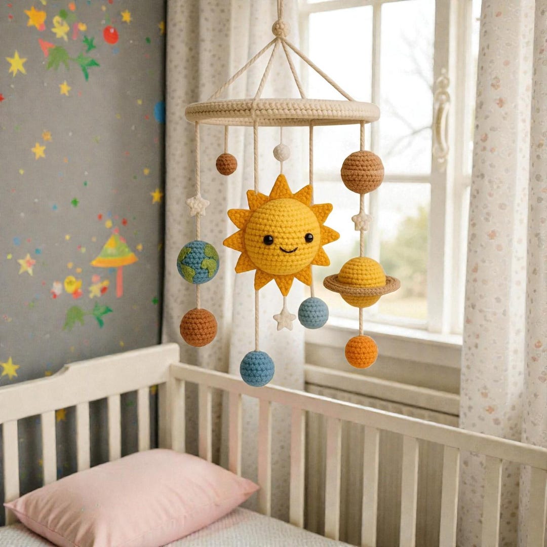 Crochet Solar System Hanging Mobile, Cute Sun and Planet Decor, Space ...