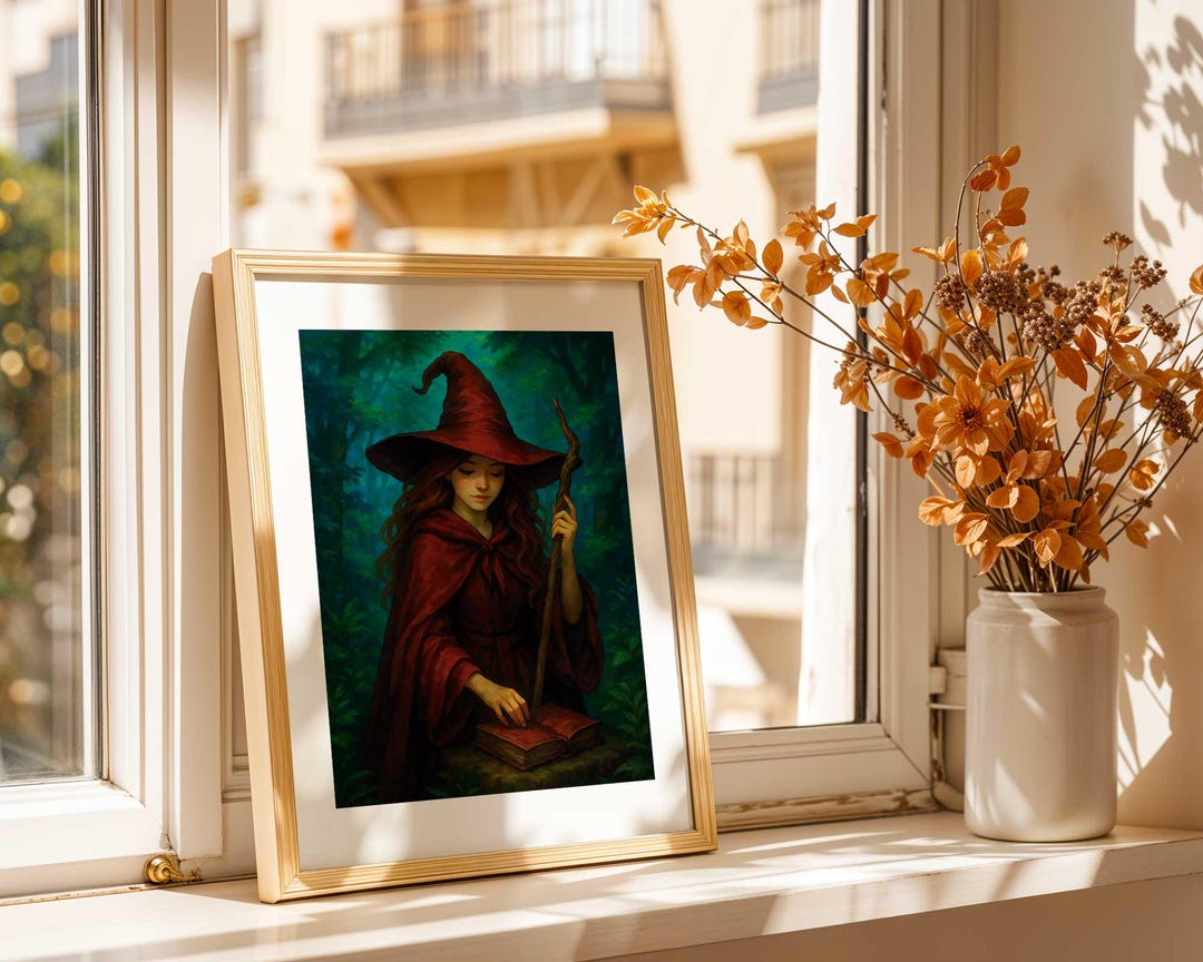 Cottagecore Witch Poster – Forest Magic Red Cloak Art Print | Digital ...