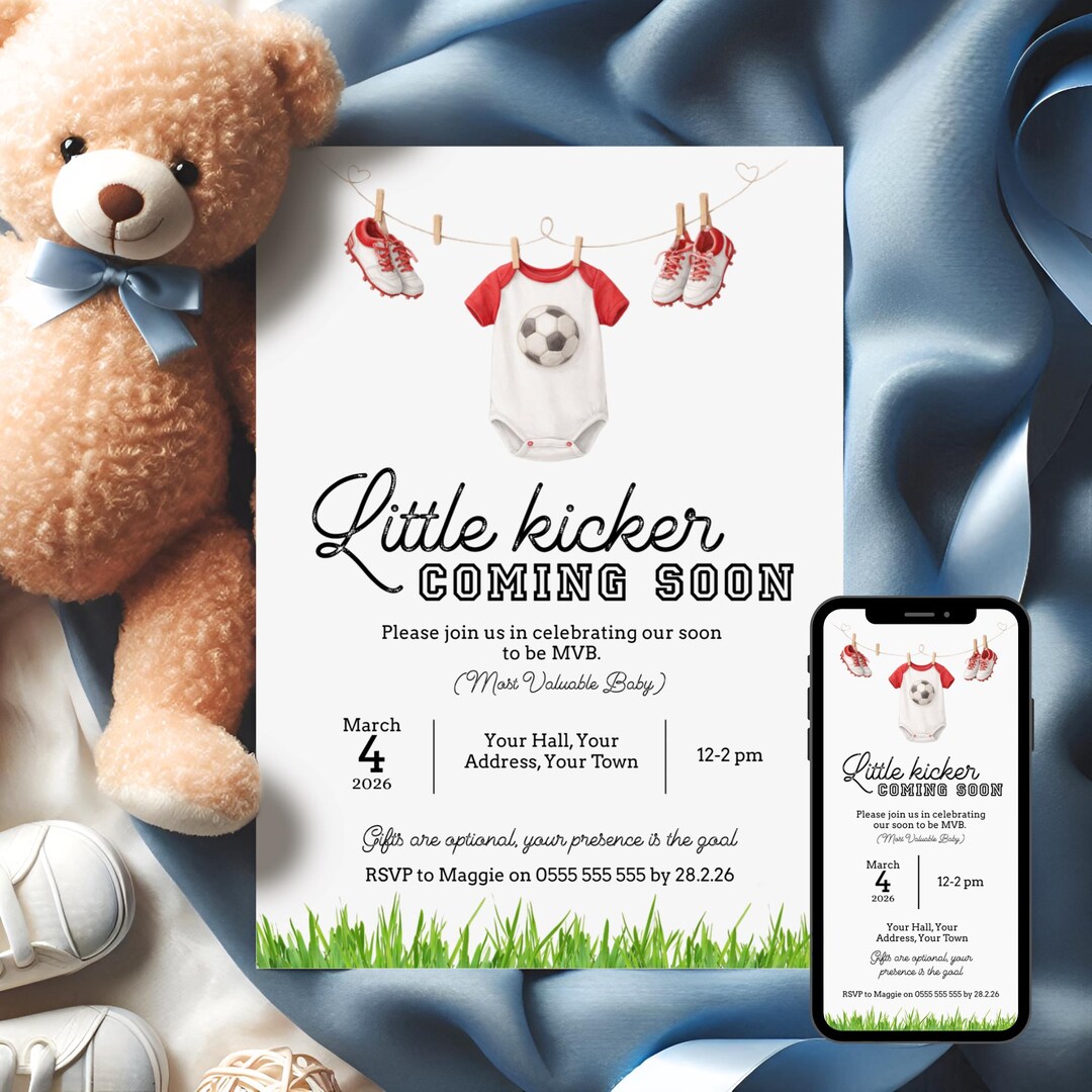 Little Kicker Coming Soon Baby Shower Invitation & E-vite | Editable ...