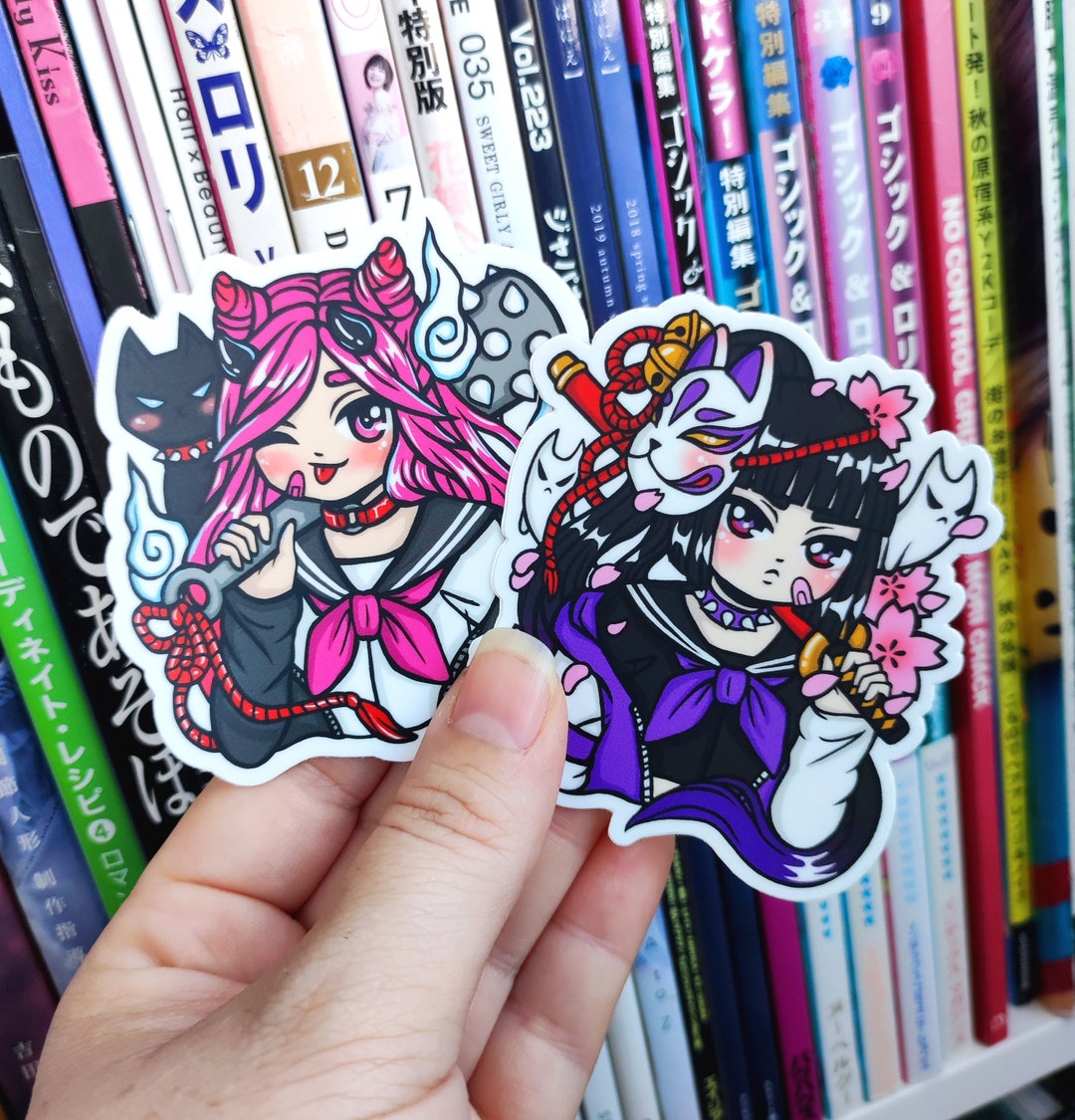 Set 2 Sticker Sukeban Kitsune Yokai Demon Sakura Katana School Girl 7,5 ...
