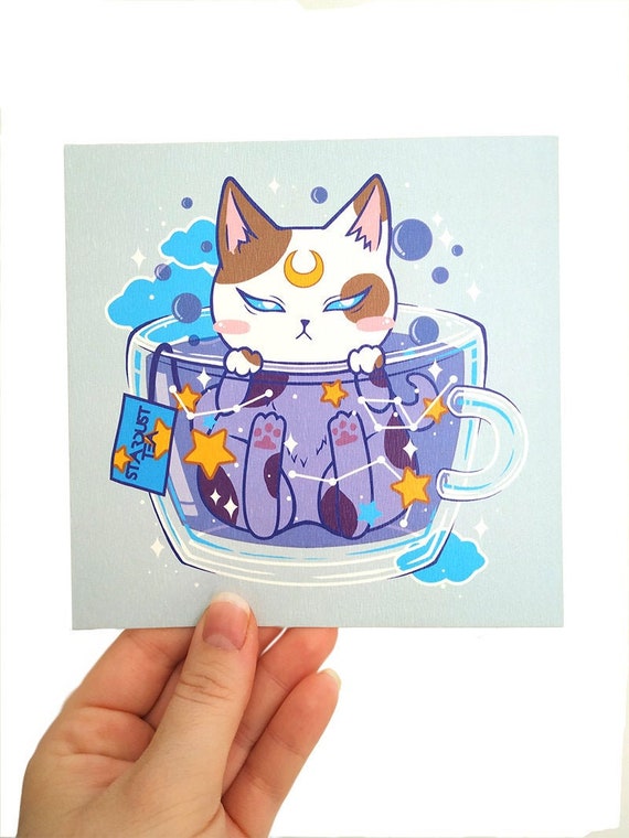 Kawaii stardust tea cat original print | Etsy