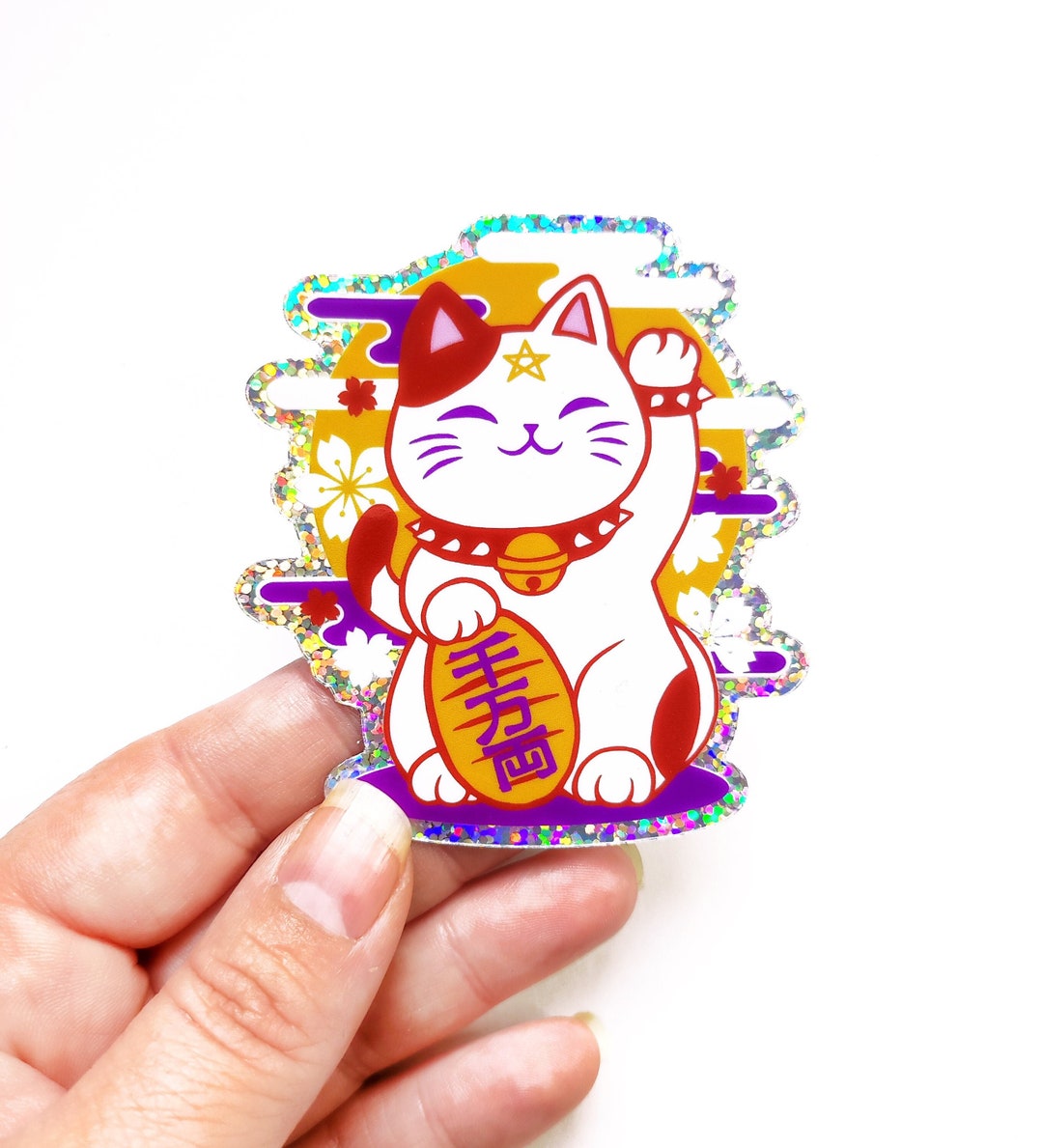 Sticker Holographic Glitter Maneki Cat 10 Cm Waterproof Neko Pastel