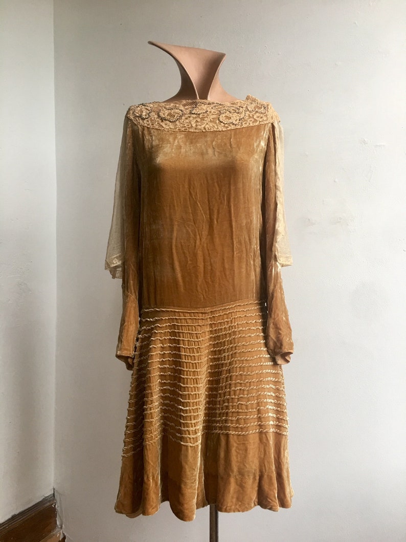 1920s Autumnal Gold Velvet Flapper Dress With Lace Cape | Etsy