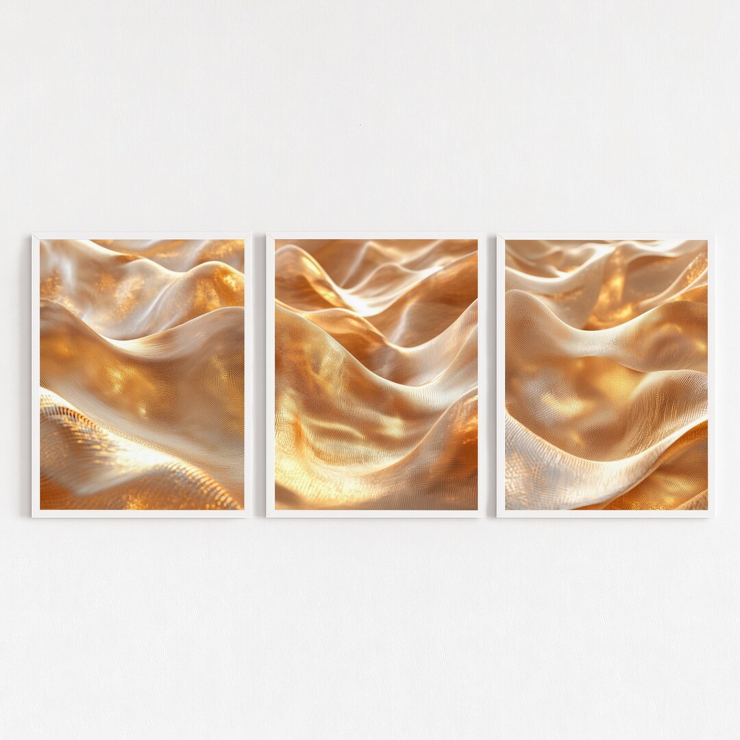 Golden Abstract Fabric Texture Art Triptych: Glam Home Decor (digital ...