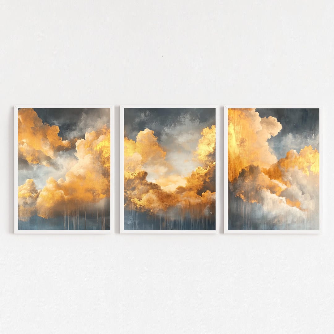 Golden Clouds Abstract Art Set of 3: Dramatic Sky Triptych (digital ...