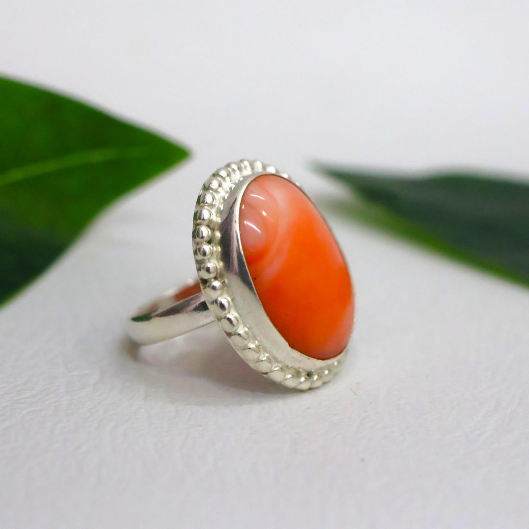 Natural Orange Coral Stone Ring, 925 Sterling Silver Ring, Handmade ...