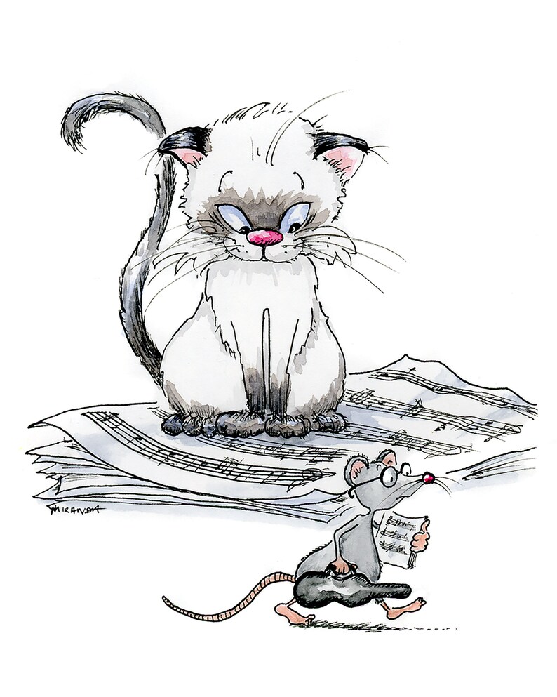The Cat and the Fiddle Art Print. Surprised Siamese Cat and Mouse ...