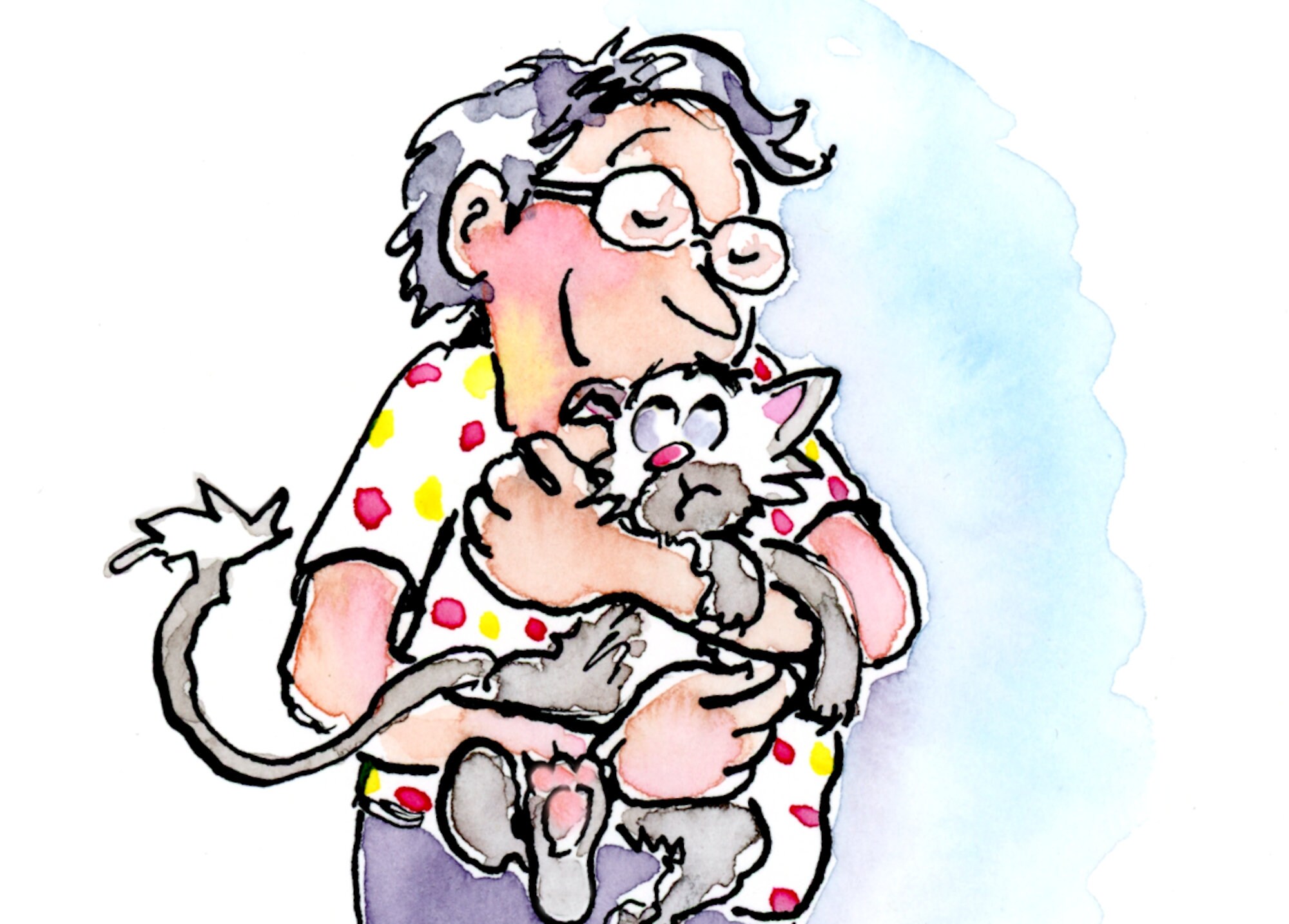 Humorous Illustration of Woman Hugging Siamese Cat. Funny Cat Owner or ...