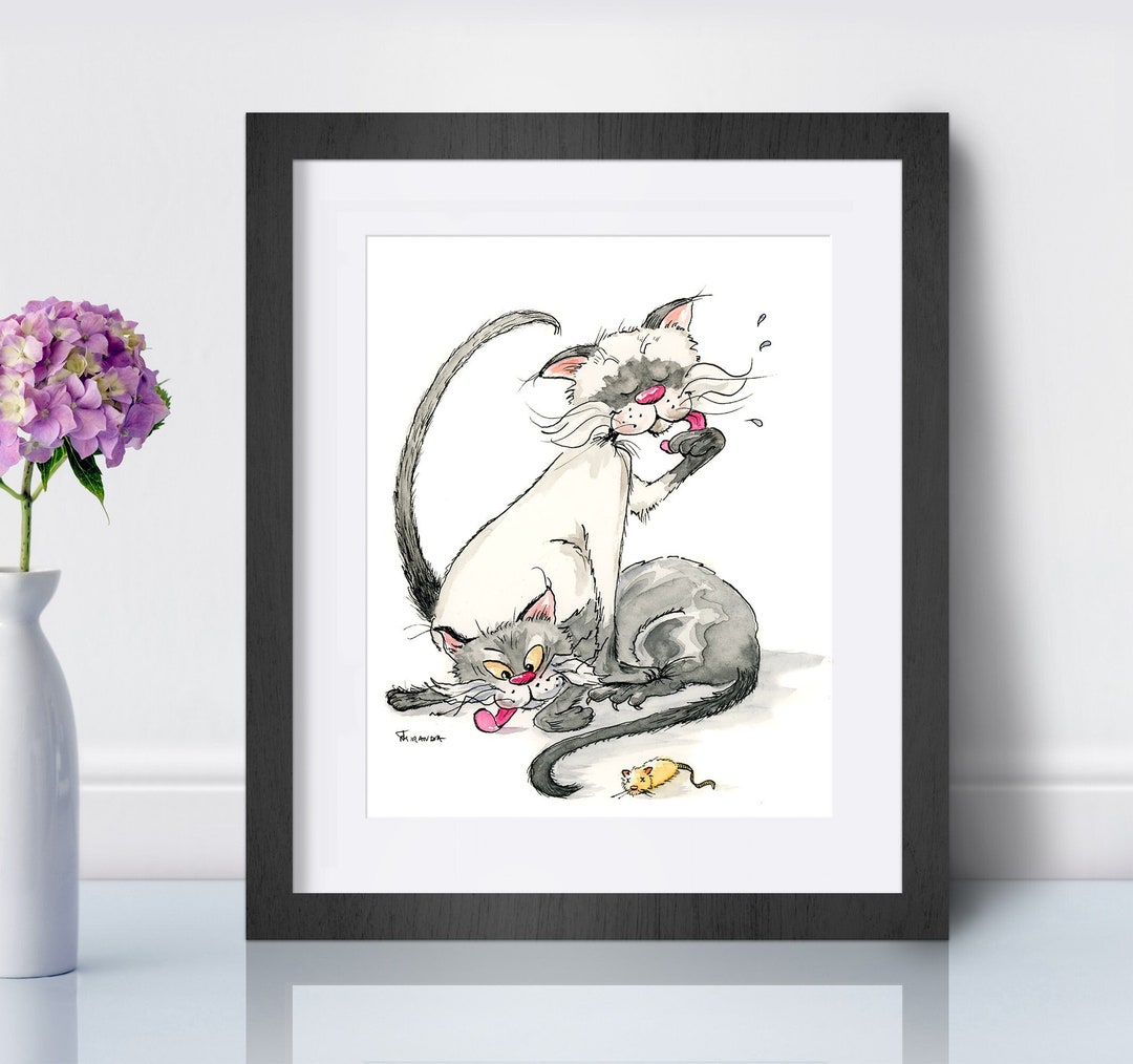 Two Cats Funny Art Illustration Print. Cute Siamese and Black Cat ...