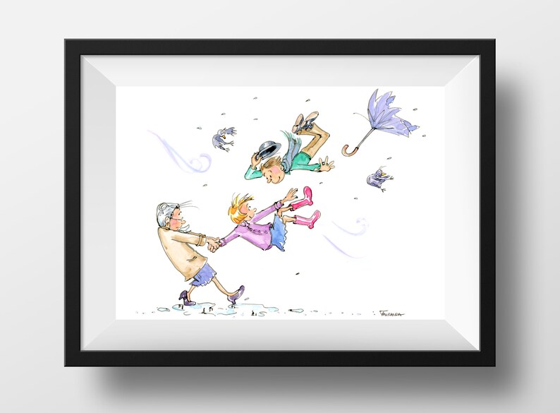 Windy Day Watercolor Art Print, Whimsical Nursery Decor - Etsy