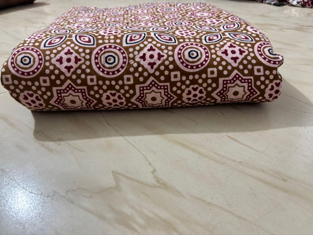 Brown Ajrakh Print Cotton Fabric: Geometric Handblock Design 100% ...