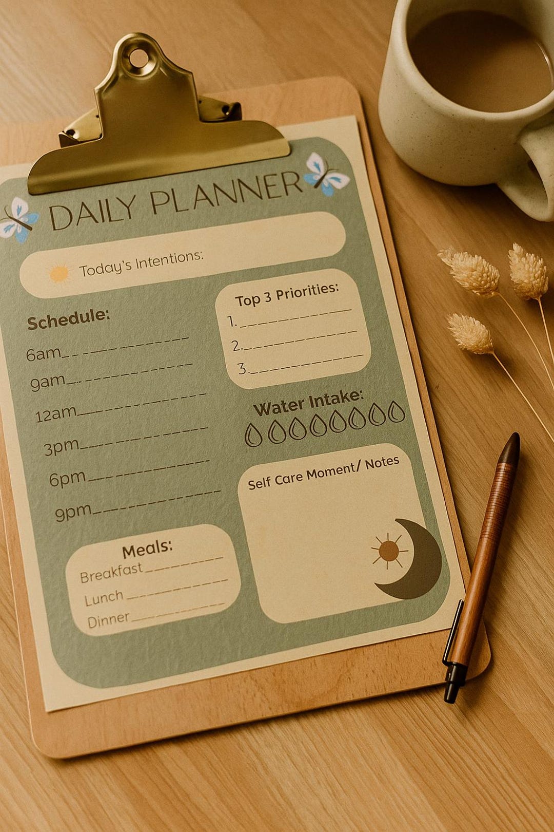 Boho Daily Planner Printable – Soft & Sage Neutral Self-care Page for ...